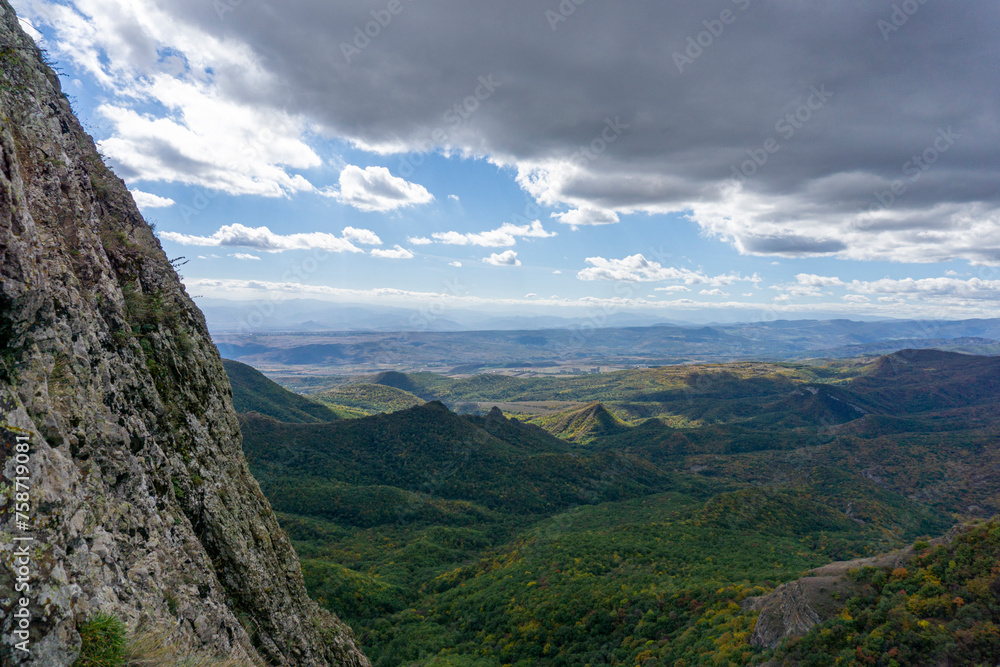Landscape view from the ruins of Kojori fortress. Bright blue sky and ...