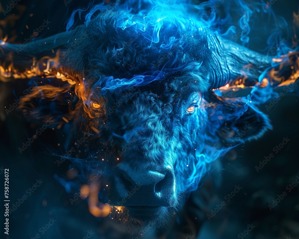 3D ultra HD Taurus head on fire and wrapped in blue smoke Stock ...