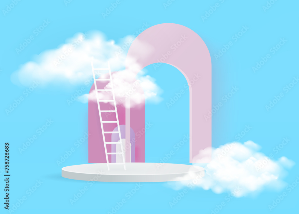 Studio room concept white cylinder podium ladder and cloud platforms ...