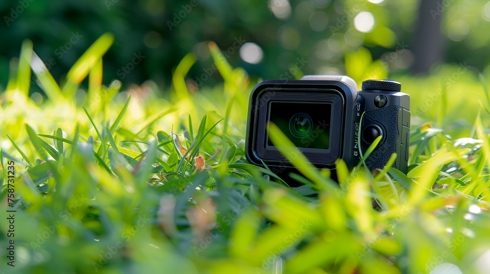 Action camera on a flexible tripod on a green forest background,a movie ...