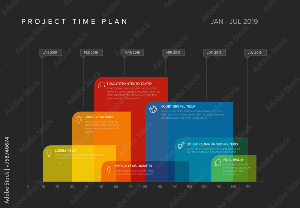 Dark Project Timeline Gantt Graph Diagram Schema Template With Color Overlay Blocks Stock Vector