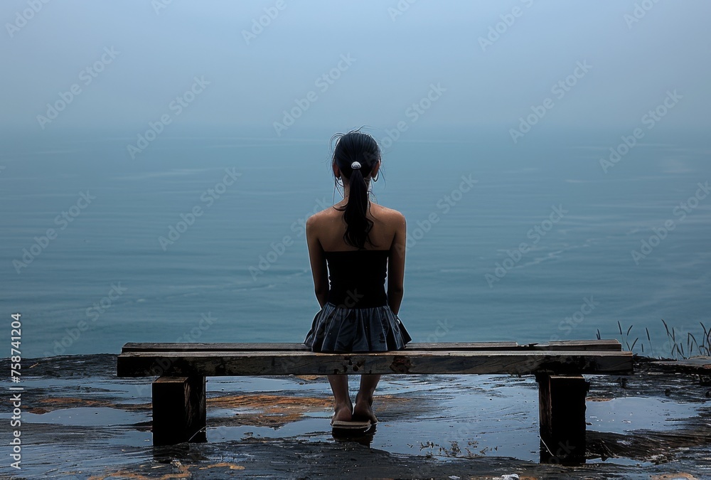 A depressed dishevelled little girl sitting on an empty bench ...
