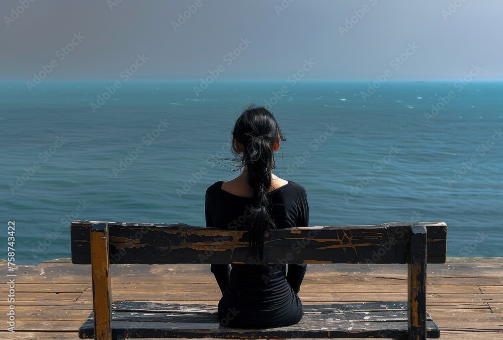 A depressed dishevelled little girl sitting on an empty bench ...