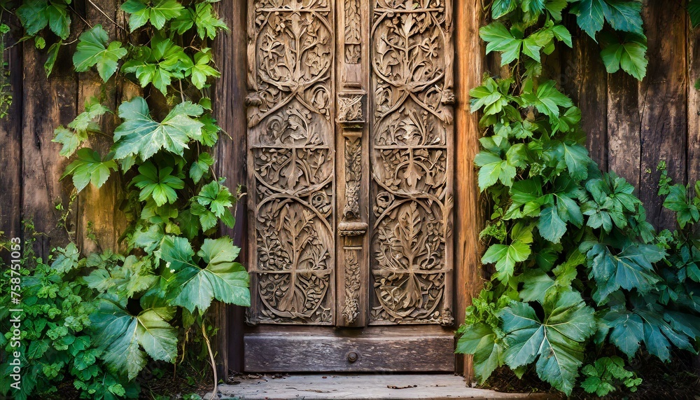 wooden door in a garden.a rustic wooden door with intricate carvings ...