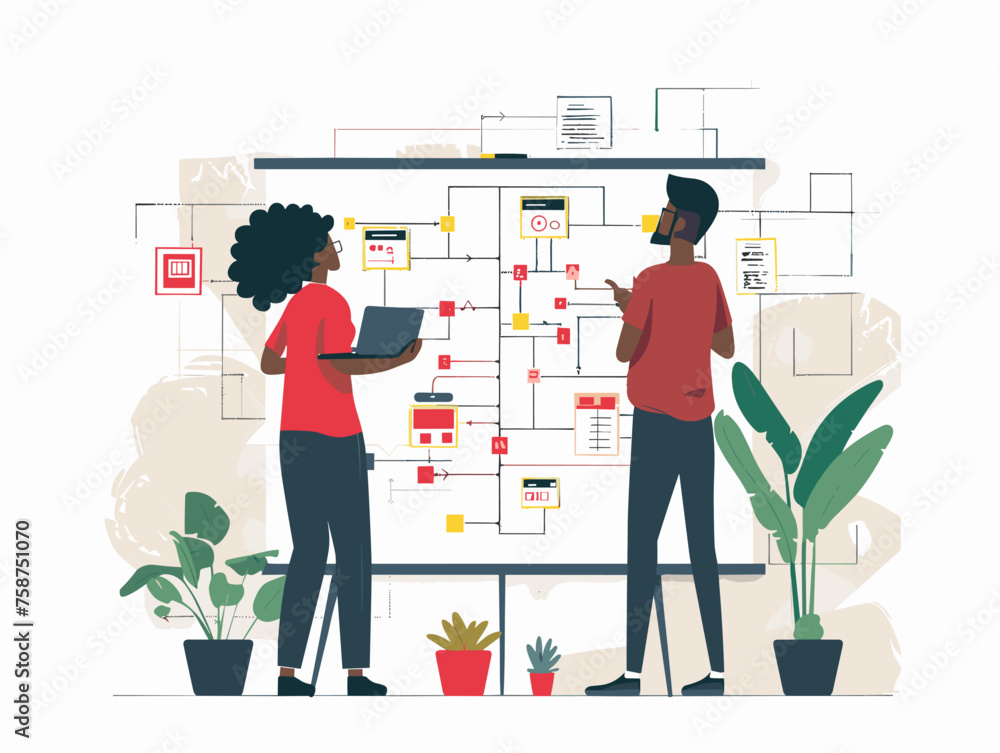 Two colleagues huddle around a whiteboard sketching out a complex flow ...