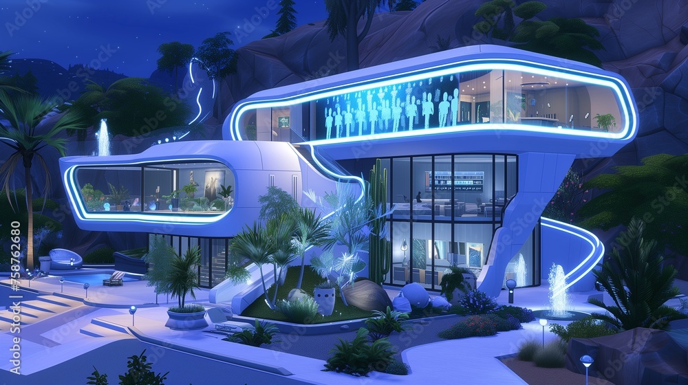 An ultra-modern American retro-futuristic mansion with holographic Hollywood Walk of Fame ...