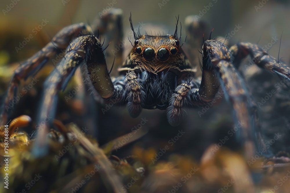 This close-up shot captures the intricate details of a Wolf spider ...