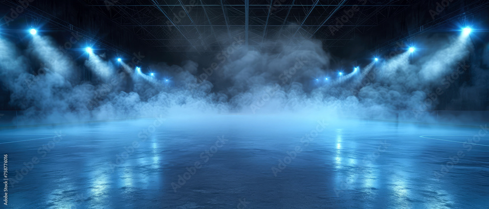 Blue Ice Rink Background. Professional Arena illuminated neon lights ...