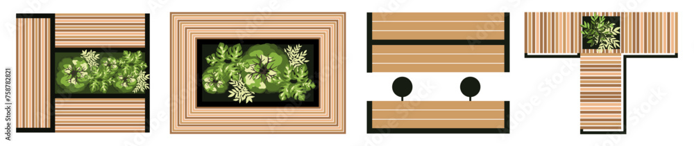 Top view elements for the landscape design plan. Trees and benches for ...