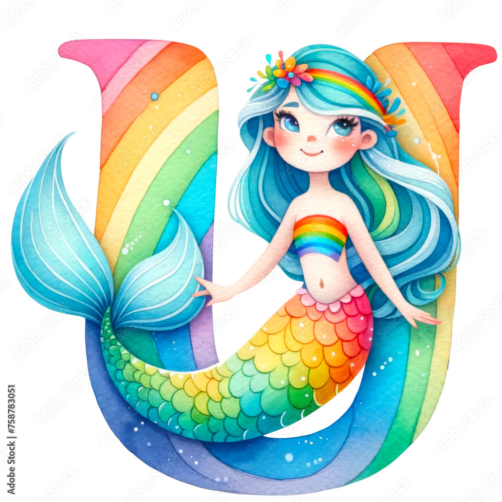 Rainbow Mermaid-Themed Alphabet and Numbers Clipart, A vibrant ...
