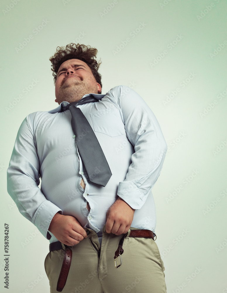 Frustrated man, pants and plus size with big waist in obesity or ...