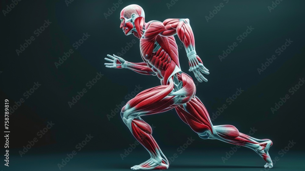 3D holographic illustration of human muscular system in a dynamic pose ...