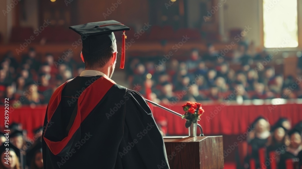 young guy student making a speech in the audience, back view, speech of ...