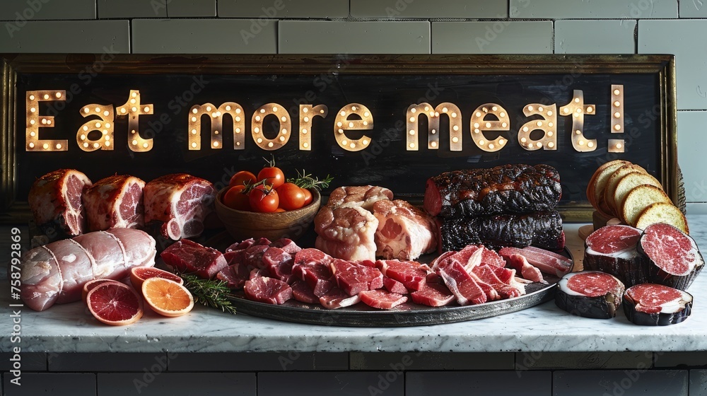 various fresh meats accompanied by a bold sign proclaiming Eat more ...