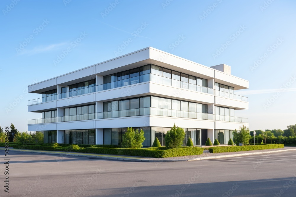 Modern office building exterior with glass windows and urban ...