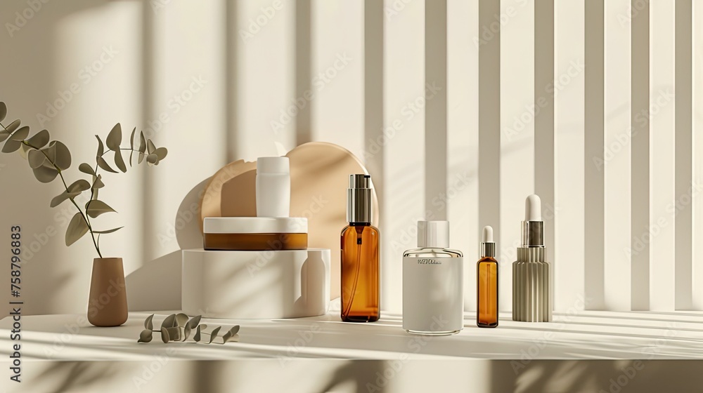 skin care product and props in the frame. A table or podium, flowers or ...