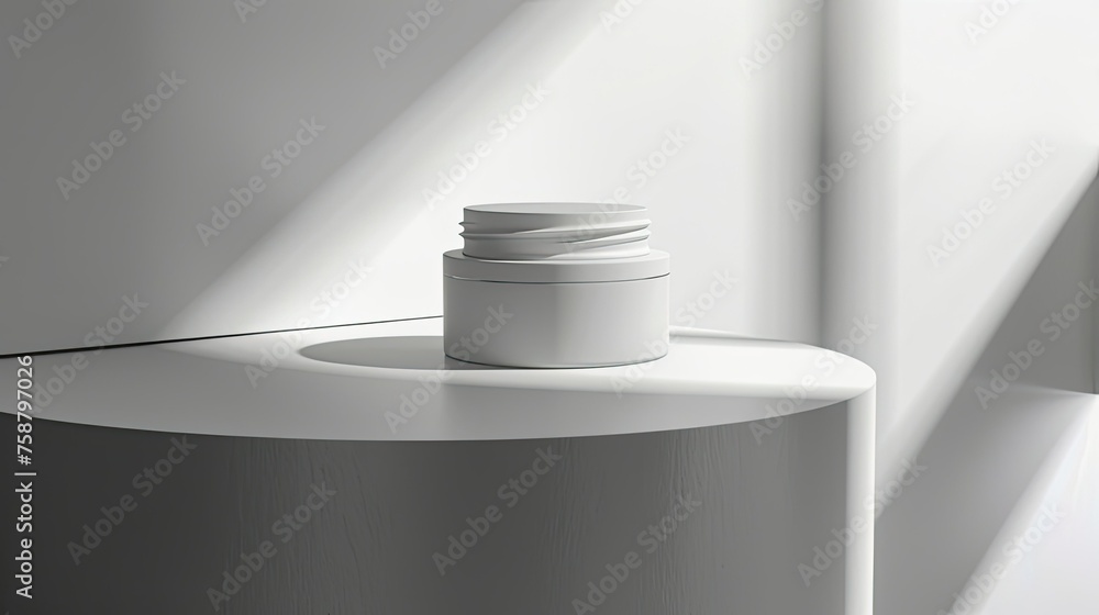 skin care product and props in the frame. A table or podium, flowers or ...