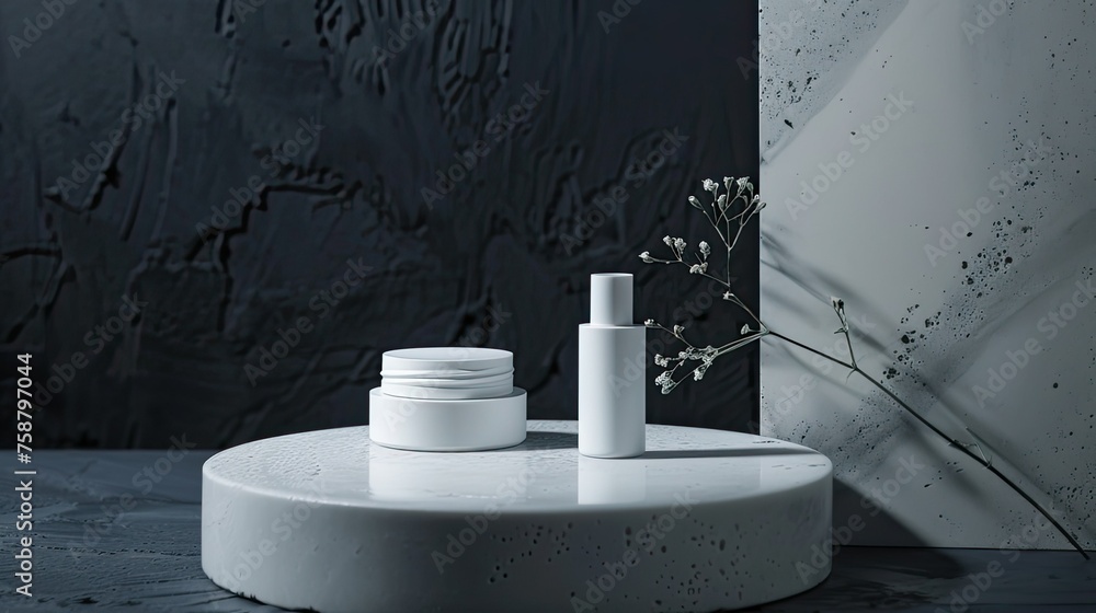 skin care product and props in the frame. A table or podium, flowers or ...