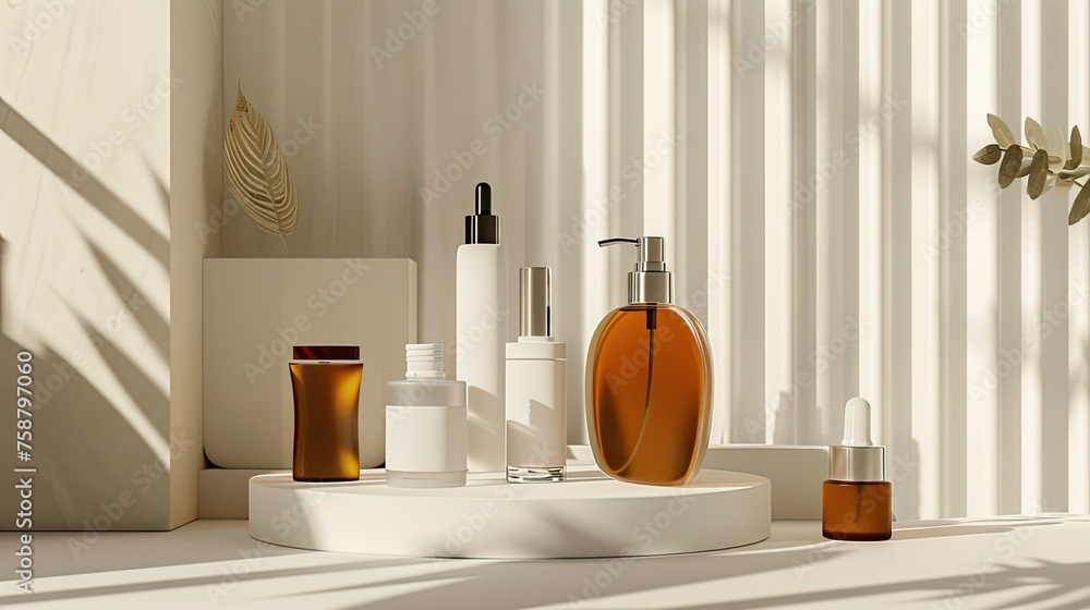 skin care product and props in the frame. A table or podium, flowers or ...