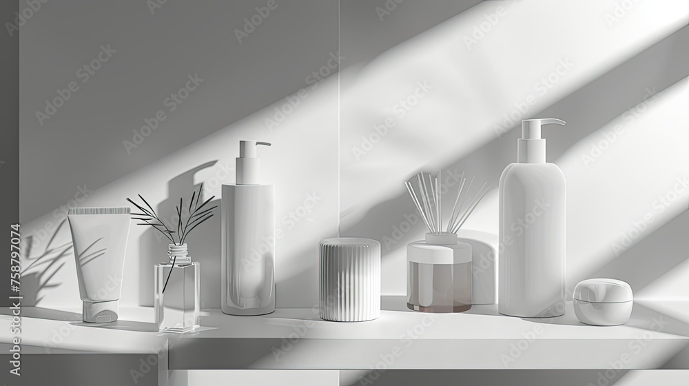 skin care product and props in the frame. A table or podium, flowers or ...