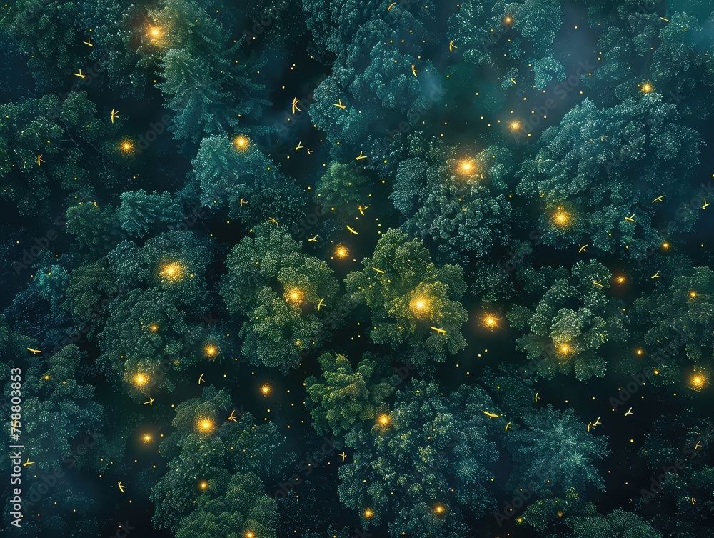 Aerial view of a Firefly Forest: Picture a magical forest illuminated ...