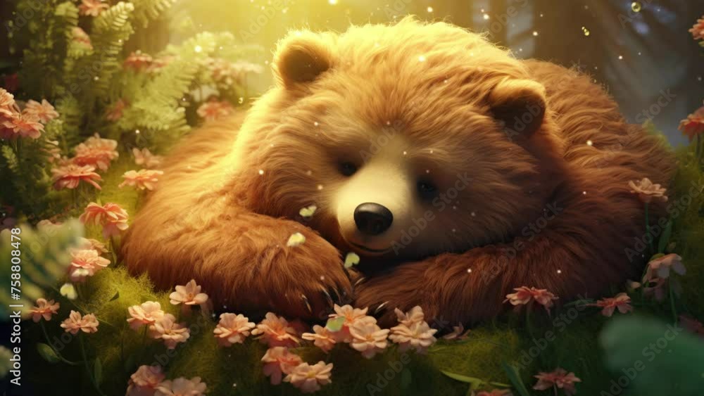 Vidéo Stock Cute fluffy grizzly bear peacefully asleep in the magical ...