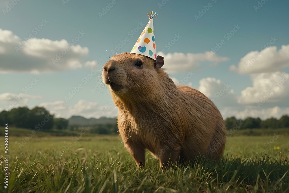 Happy birthday card with a capybara with a birthday cap Stock Photo ...