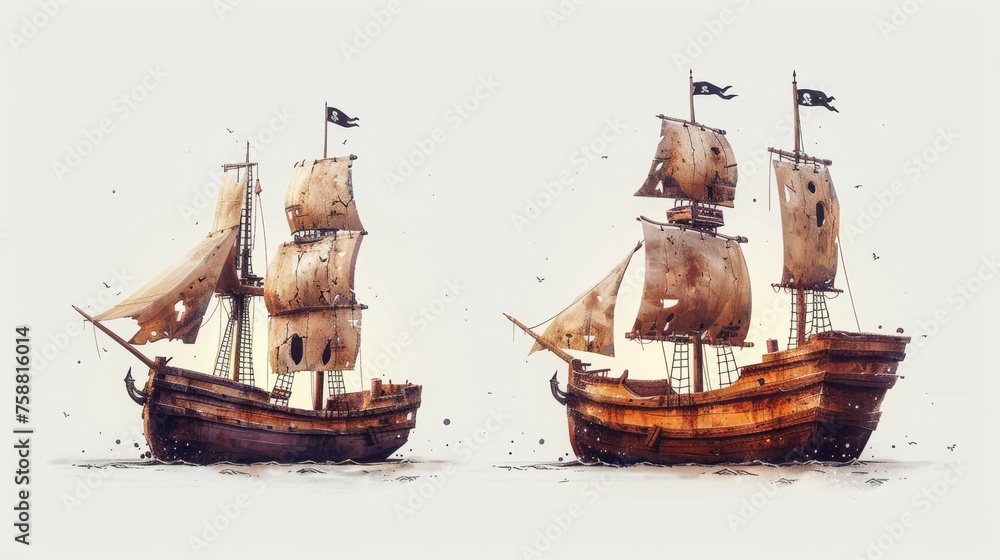 Flotilla of ships after a shipwreck. Modern cartoon of an abandoned ...