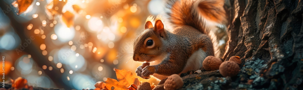 A close-up of a squirrel wielding an acorn wand, nestled in a tree with ...