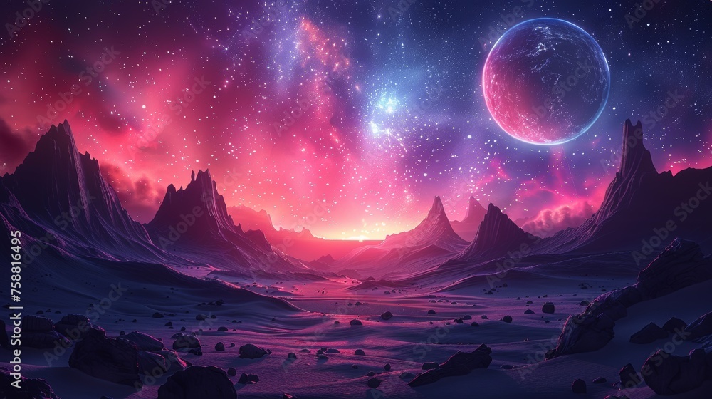 Aliens planet deserted landscape with mountains, rocks, deep clefts ...