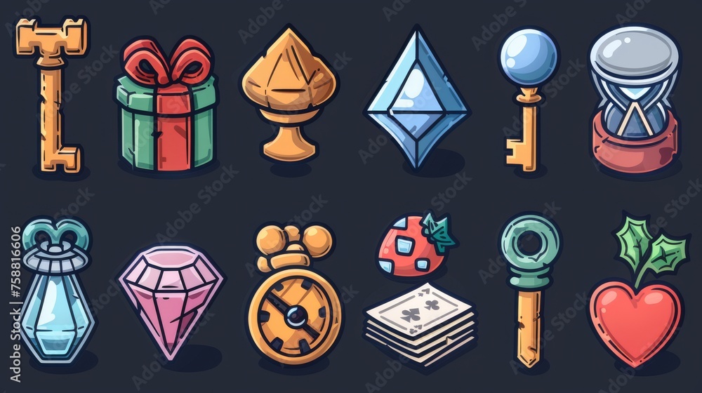 Set of game icons showing a key, clock, playing cards, money, gears ...
