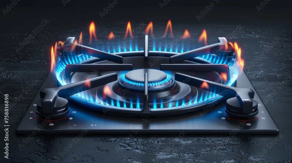 Mockup of propane butane burning in oven with blue flame and glowing ...