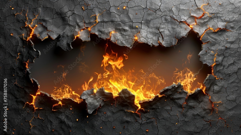 ภาพประกอบสต็อก Fire smoldering on charred uneven edges, parchment ...