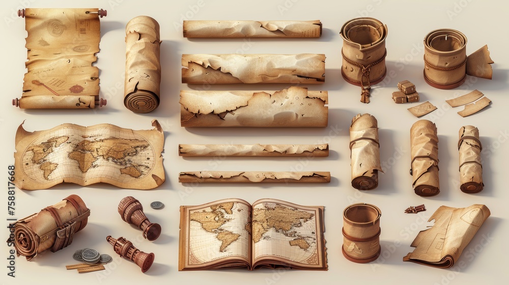Icons of paper banners, parchment rolls, vintage papyrus, old maps and ...