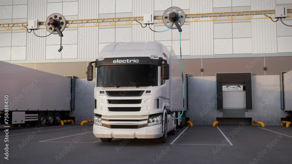 Generic electric semi trucks with cargo trailer charging at loading ...