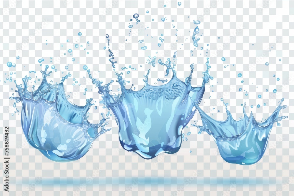 Water splash set. Dynamic motion elements with spray droplets side view ...