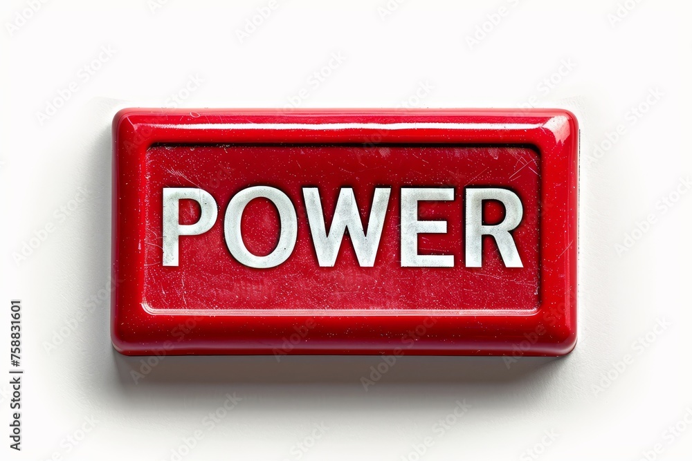 Circular power button with power text on white background for tech ...