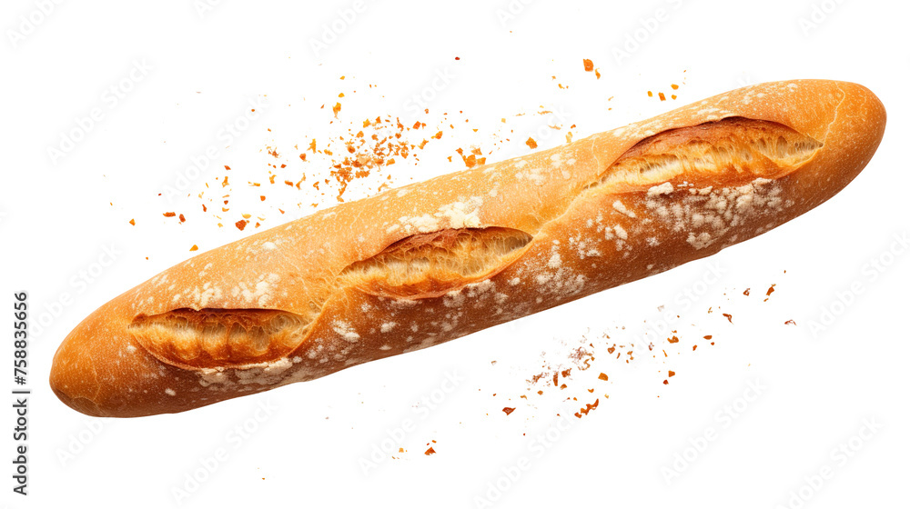 Baguette bread with falling crumbs isolated on transparent background ...