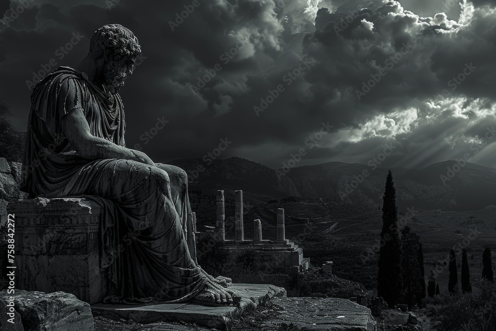 Mysterious ancient greek, roman male stoic statue, sculpture in ...