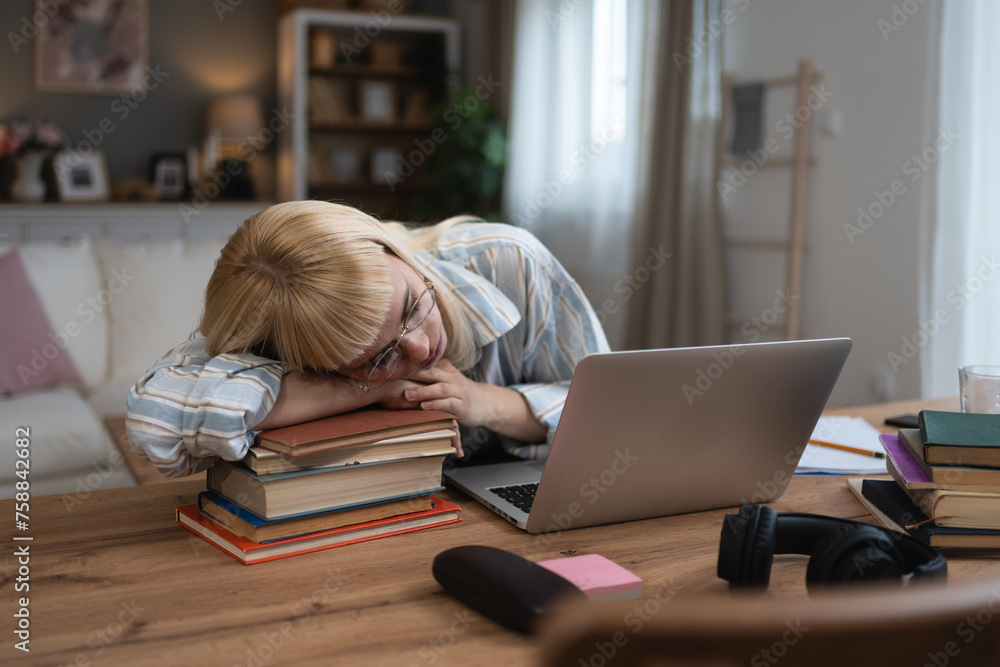Young tired university student tired from study fro exam sleeping on ...