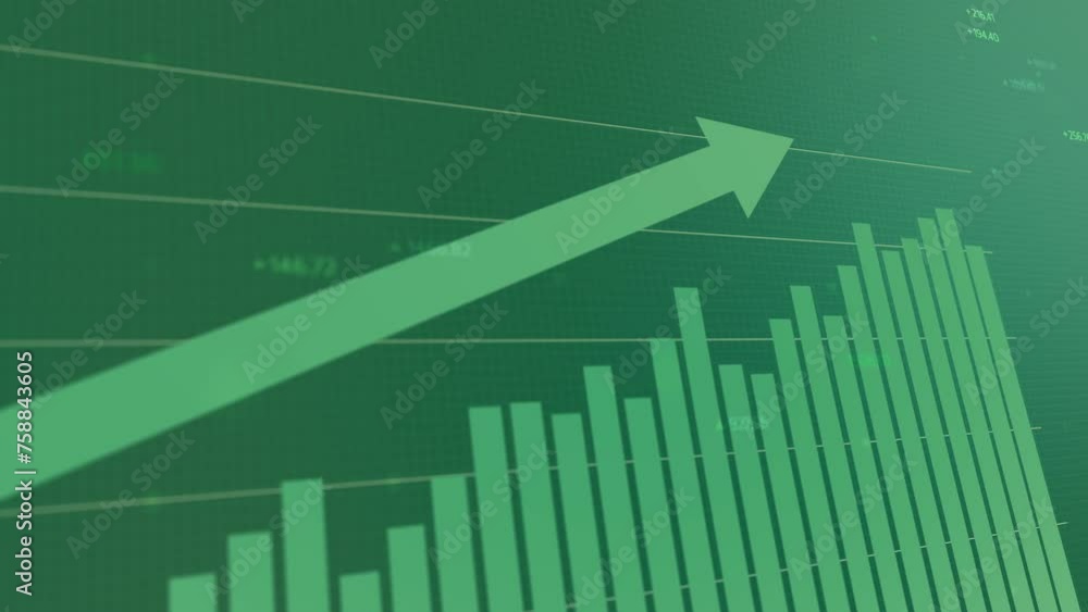 Green financial growth chart with rising bars and upward trend line on ...