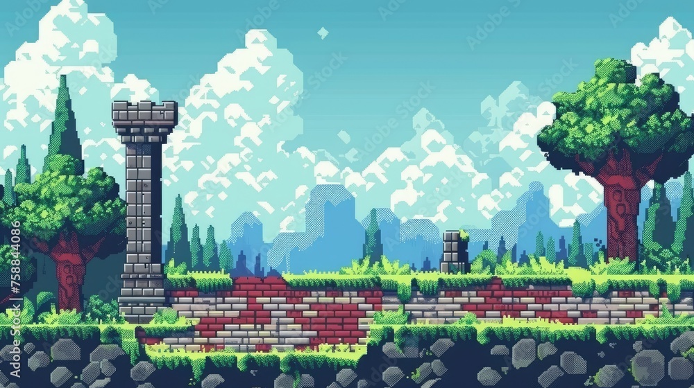 Retro pixel game background with castle tower and trees. Medieval ...