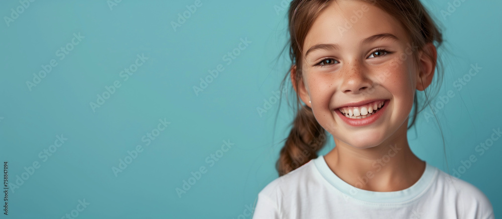 One smiling teeth happy young 10 yr old girl portrait long hair in ...