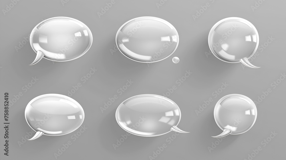 Sleek glass speech bubbles on a monochromatic grey background ...