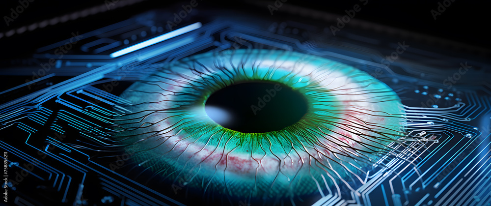 Visualization of Circuit Board CPU form eye pupil Processor Starting Digitalization Process and ...