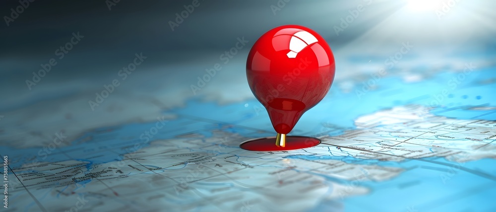 A map with a red pin placed on it. Glossy red location pin on a ...