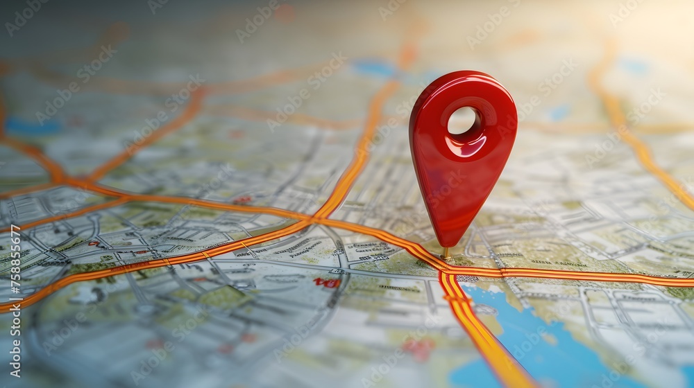 A map with a red pin placed on it. Glossy red location pin on a ...