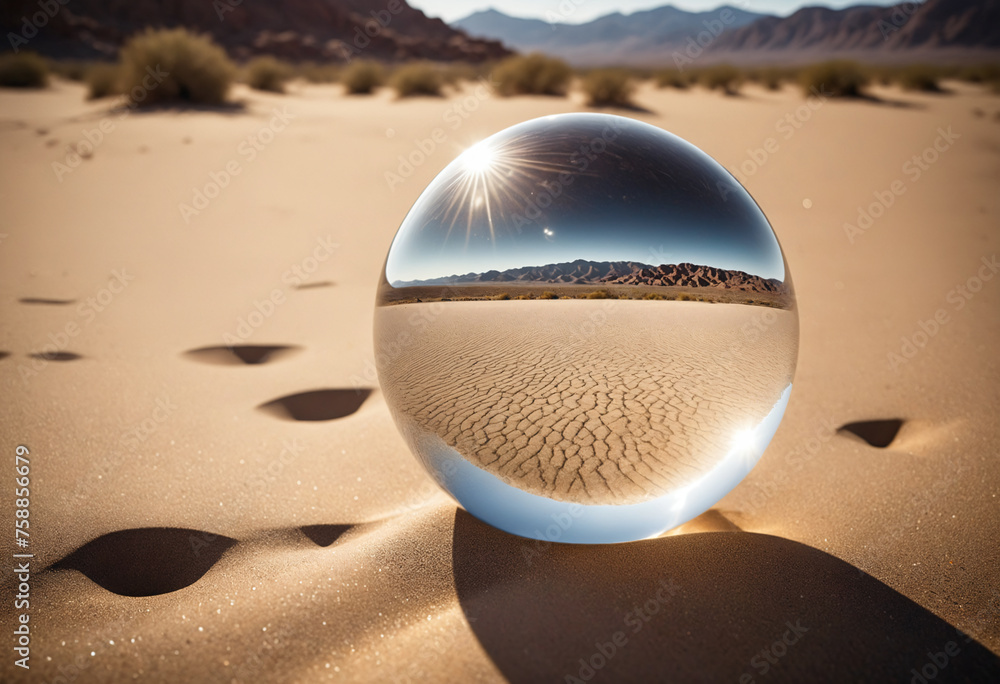 A water-filled orb in a desert with intricate lighting and texture ...