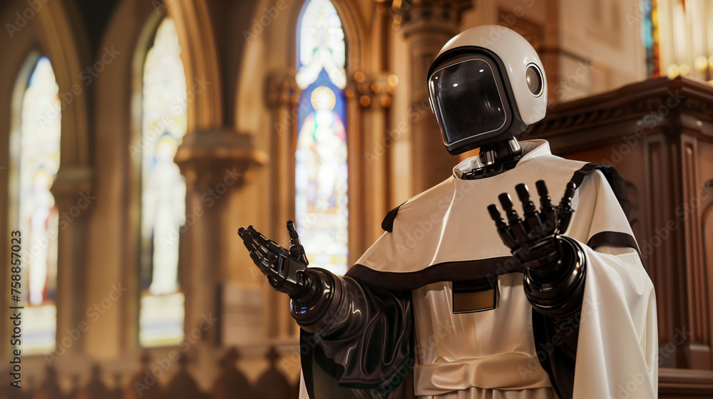 Futuristic AI robot in priest attire stands inside church and preaching ...