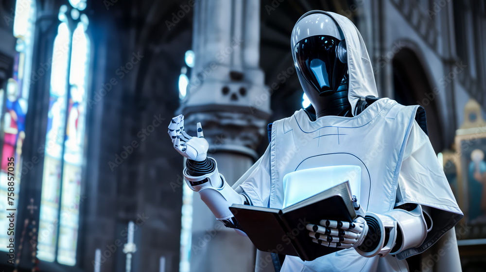 Futuristic AI robot in priest attire stands inside church and preaching ...